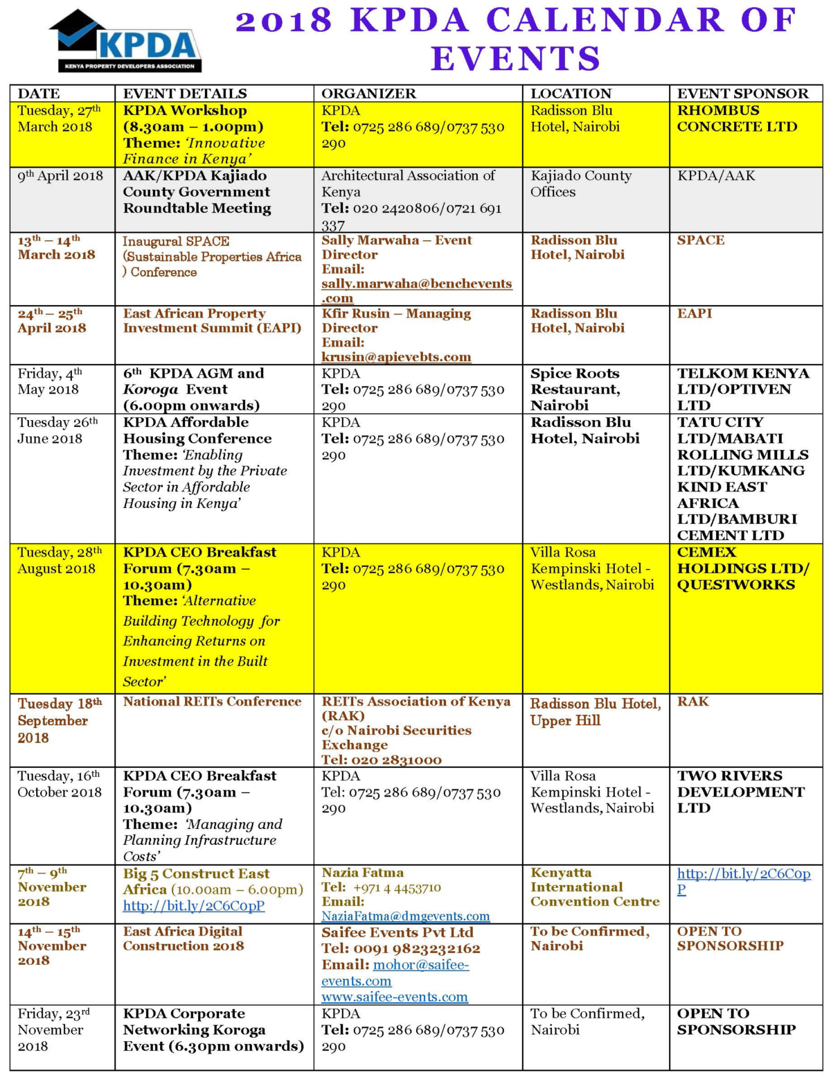 2018 KPDA Calendar of Events – Kenya Property Developers Association